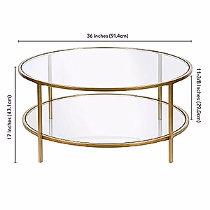 Henn&Hart 36" Wide Round Coffee Table with Glass Top in Brass, Round Coffee Table for living room, studio apartment essentials