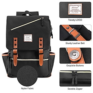 Mecrowd Vintage Laptop Backpack with USB Charging Port, Backpack for College School Student Fits up to 15.6 Inch Laptop Computer Backpack Casual Rucksack for Men Women (Black)