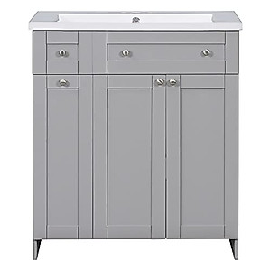 30 Inch Freestanding Bath Vanity in Grey with White Resin Top Modern Contemporary Painted Adjustable Shelving