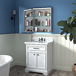 ES-DIY 24''x 30''LED Lighted Bathroom Medicine Cabinet with Mirror,Surface Lighted Medicine Cabinet,Dimmable,Adjustable Shelves,Intelligent Switch Medicine Cabinet, Aluminum Frame,Hinge On Left Side