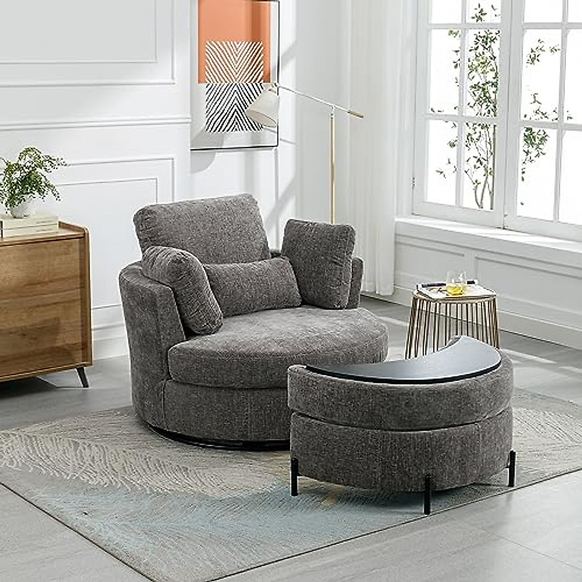 Oversized Swivel Accent Barrel Chair with Storage Bench Large Ottoman+4 Pillows,Comfy Upholstered 360 Recliner Sofa Club Chaise Leisure Round Loveseat Lounge Armchair for Living Room/Hotel/Nursery