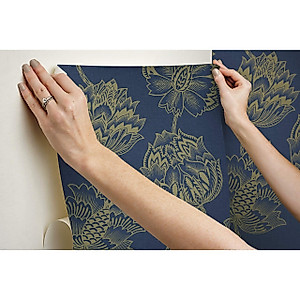 RoomMates RMK11909WP Navy and Gold Batik Jacobean Peel and Stick Wallpaper
