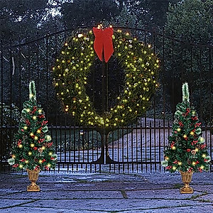 Juegoal 4 FT Christmas Tree, Upgrade Pre-Lit Crestwood Spruce Entrance Tree with 120 LEDs Lights, Pine Cones, Red Berries in Gold Urn Base for Front Door, Porch, Entryway Xmas Home Decorations, 2 Pack