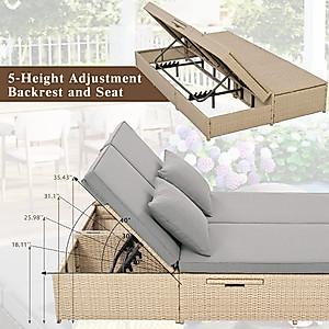 Merax Patio Conversation Set, Outdoor Double Sunbed Wicker Rattan Patio Reclining Chairs with Adjustable Backrest and Seat, Brown