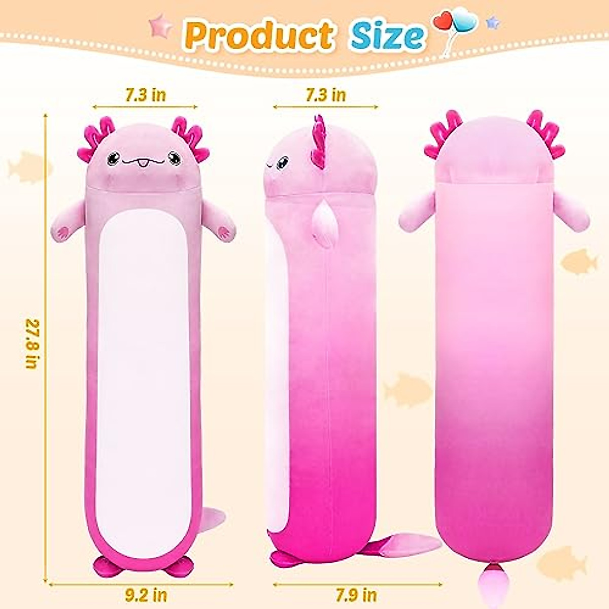 Axolotl Plush Pillow, Long Soft Stuffed Animal Body Plush, Cute Animal Plush Pillow, Kawaii Axolotl Toy Gift for Girls Boys (Pink)