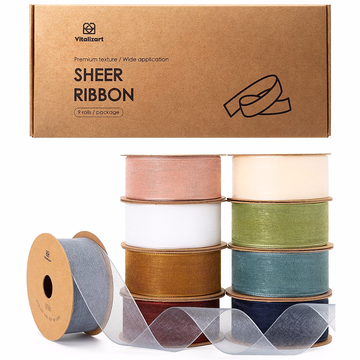 Vitalizart 1" x 90Yd Organza Ribbon Mixed Color Sheer Ribbons Set 10 Yd x 9 Rolls Handmade for Gift Wrapping Christmas Tree Crafts Bows Wedding Invitations Wreaths Wrap