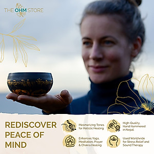 Sun in Moon Singing Bowl Set by Ohm Store — Black Etched Sound Bath Bowl Instrument — Unique, Handmade for Spiritual Healing, Reflection, Boho Décor, and Meditation