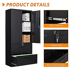 Anxxsu Metal File Cabinet 2 Drawers, Lateral File Cabinets Home Office, Storage Cabinet Adjustable Shelves, Locking File Cabinet Letter/Legal/A4 Size Files (Assemble Required) MSC-0815 Black-style B