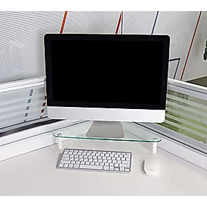 Kantek Corner Desk Glass Computer Monitor Stand Riser, 5mm Tempered Glass Platform, Holds Up to 40 Lbs, Keyboard Storage, 19.7" X 11" X 3.25", Clear
