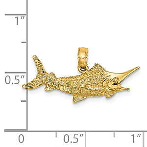Solid 14k Yellow Gold Textured and 2-D Marlin Fish Charm Pendant - 10mm x 26mm