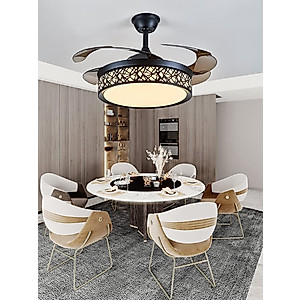 42 inch Black Cage Ceiling Fan with Lights, Ceiling Fan with Retractable Blades Three Color Change Chandelier with Remote Control, Dining Room/Living Room/Bedroom Lighting Decoration-36W