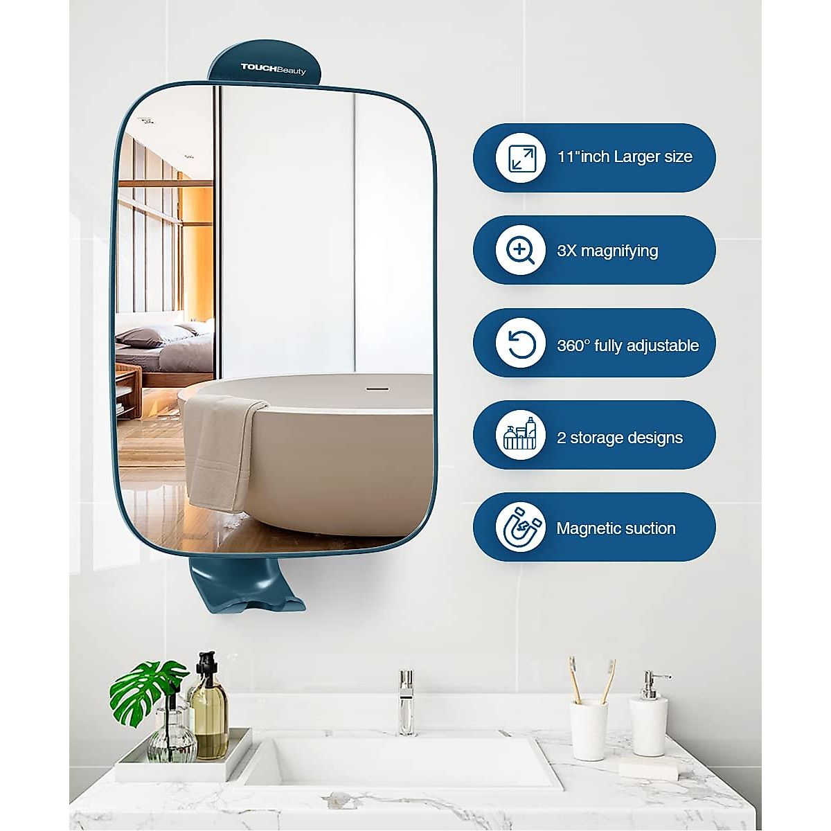 TOUCHBeauty 3X Shower Mirrors for Shaving with Razor Holder, Heldhand & 360 Degree Swivel, Larger Size 11" Blue Bathroom Accessories for Men