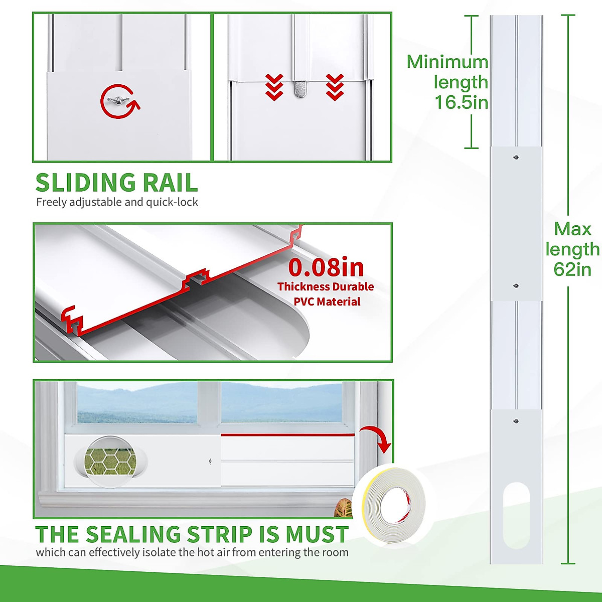 Portable Air Conditioner Window Seal Kit with Coupler for 5-5.1" Exhaust Hose, AC Window Kit with Vent Screen for Sliding Window, Adjustable 17"- 62" Sealing Panels, NOT Applicable for 5.9" Hose