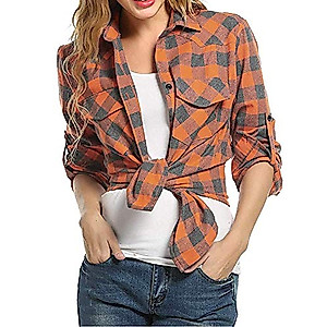 Plaid Shirts for Women Tartan Collared Button Down Boyfriend Casual Flannel Shirt Long Sleeve Shirts(Orange,XXL)
