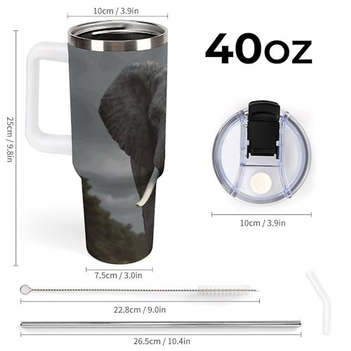 LLUTSNTH 40 Oz Vacuum Tumbler with White Handle Leakproof Insulated Tumbler 3D Elephant Stainless Steel Travel Mug with Lid And Straw Coffee Cup Cute Water Bottles Cup Holder Friendly