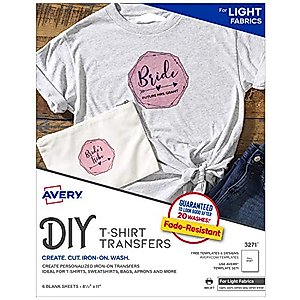 Avery Printable Heat Transfer Paper for Light Fabrics, 8.5" x 11", Inkjet Printer, 6 Iron On Transfers (3271)