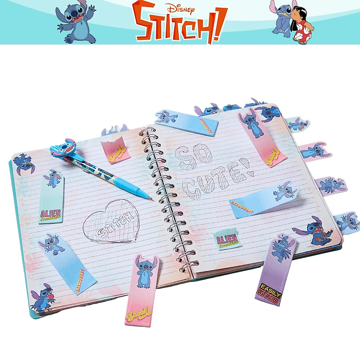 Innovative Designs Disney Stitch Tab Journal Spiral Notebook, Ballpoint Pen, Sticky Tabs, 96 Lined Pages, Blue