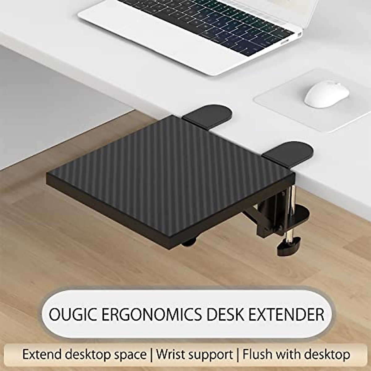 OUGIC Ergonomics Desk Extender Tray, 9.5"x9.1" Punch-Free Clamp on, Foldable Keyboard Drawer Tray, Table Mount Arm Wrist Rest Shelf, Computer Elbow Arm Support