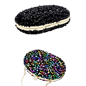 IAMUHI Sequins Evening Handbags and Purses for Women,Ladies Small Oval Top Handle Clutch Crossbody Bag with Chain,Black