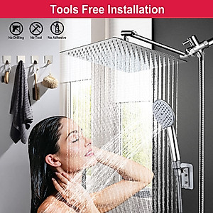 Shower Head, NERDON 12'' High Pressure Rainfall Shower Head Handheld Combo 5 Settings with 15'' Brass Height/Angle Adjustable Extension Arm 60" Hose, Stainless Steel Bath Rain Showerhead with 4 Hooks