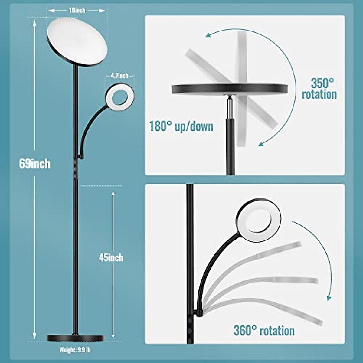 Floor Lamp,Upgraded 42W 3700LM Super Bright LED Torchiere Living Room Lamp with Adjustable Reading Light,Dimmable Modern Standing Lamp with Remote & Touch Control for Room Bedroom Office Floor Light
