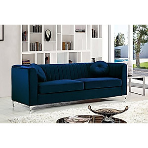 Meridian Furniture Isabelle Collection Modern | Contemporary Channel Tufted, Velvet Upholstered Sofa with Custom Chrome Legs, Navy, 86.5" W x 35.5" D x 31" H
