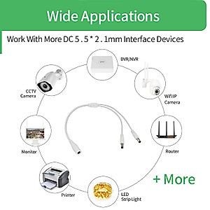 2-Pack White 1 to 2 Way DC Power Splitter Cable, Plug 5.5mm x 2.1mm, for CCTV Camera,LED Strip Light and More