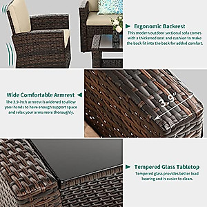 YITAHOME 5 Piece Patio Furniture Sets, All-Weather Outdoor Patio Conversation Set, PE Rattan Wicker Small Sectional Patio Sofa Set with Table, Brown