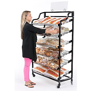 Displays2go Standing Metal Wire Rack with Two Optional Sign Holders, Wire Storage Rack and Wheels, Black (BAKCRT6WBK)