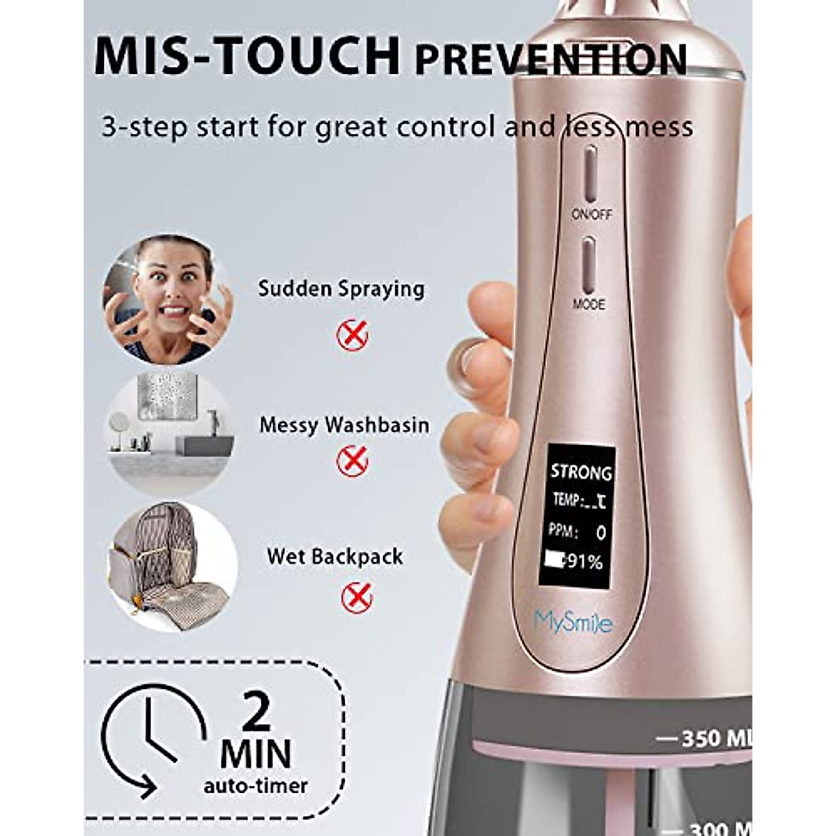 MySmile Powerful Cordless 350ML Water Dental Flosser Portable OLED Display Oral Irrigator with 5 Pressure Modes 8 Replaceable Jet Tips and Storage Bag for Home Travel Use (Rose Gold)