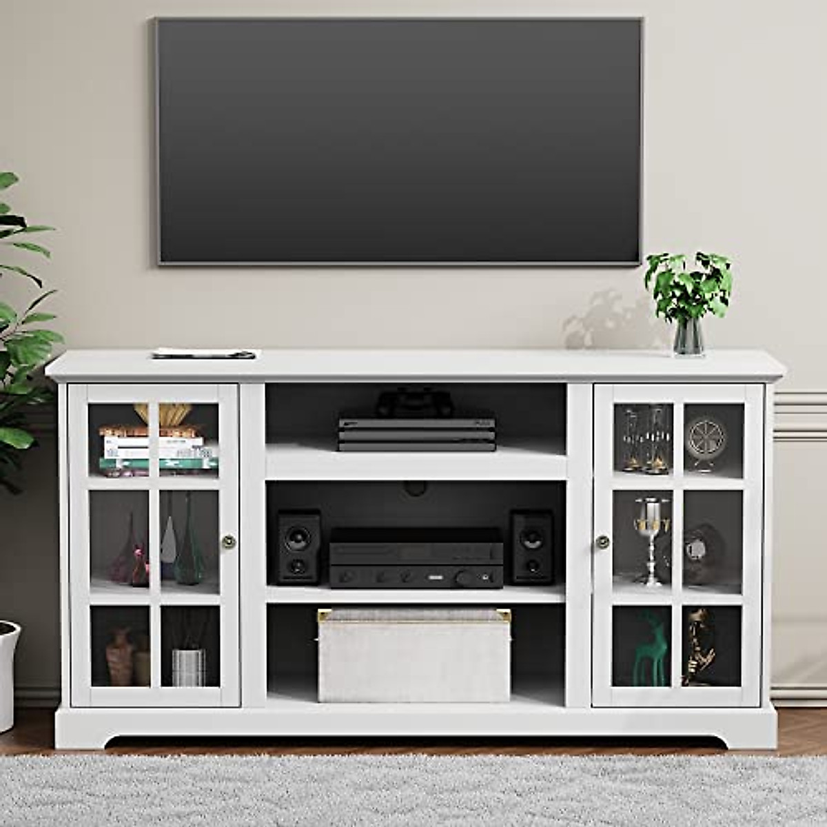 LGHM White TV Stand, Entertainment Center for 65 inch TV, 58" Modern Farmhouse TV Stand with Glass Door, Tall TV Console or Storage Cabinet and Sideboard Buffet