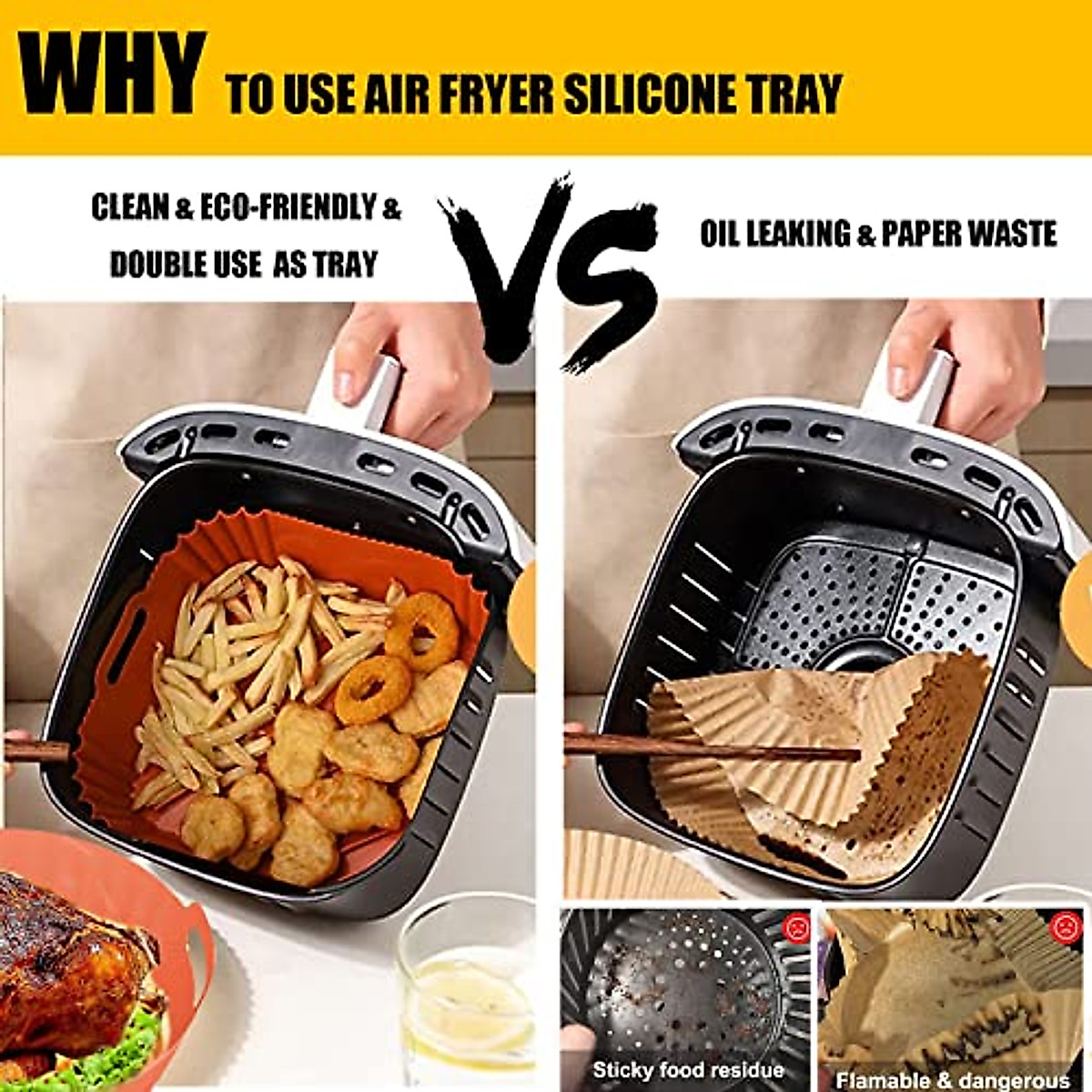 2Pcs Silicone Air Fryer Liners, ZSTea 8.5 Inches Square Air Fryer Silicone Basket Bowl Reusable Baking Tray Oven Air Fryer Accessories for 3 to 8 QT - Non-stick & Food-grade (Pink + Gray)