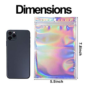100 Pack Resealable Smell Proof Mylar Bags Holographic Bags 5.5 x 7.8 Inch Ziplock Pouch Flat Ziplock Bags for Party Favor Food Storage,for Cookies,Jewelry Packaging,Hanging Ziplock Bag