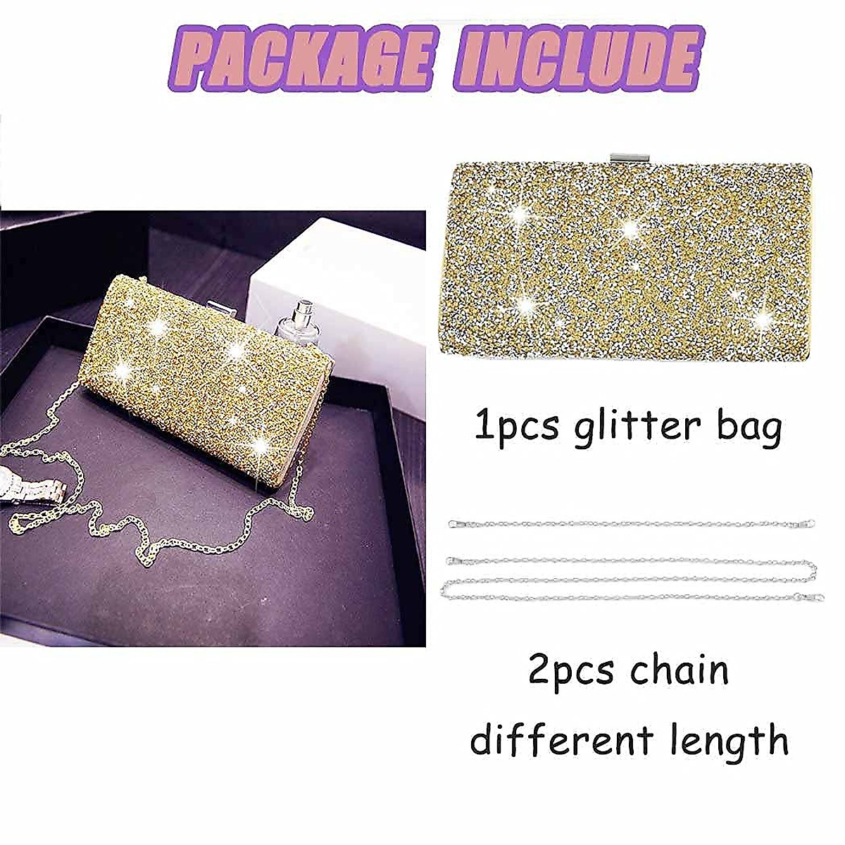 ELABEST Glitter Evening Clutch Bag Single Sided Diamond Bag Crossbody Purse Wedding Party Bag for Women (Gold)