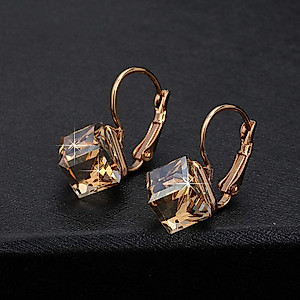 Cube Austrian Crystal Drop Leverback Earrings for Women Fashion 14K Rose Gold Plated Hypoallergenic Jewelry (Light Topaz)