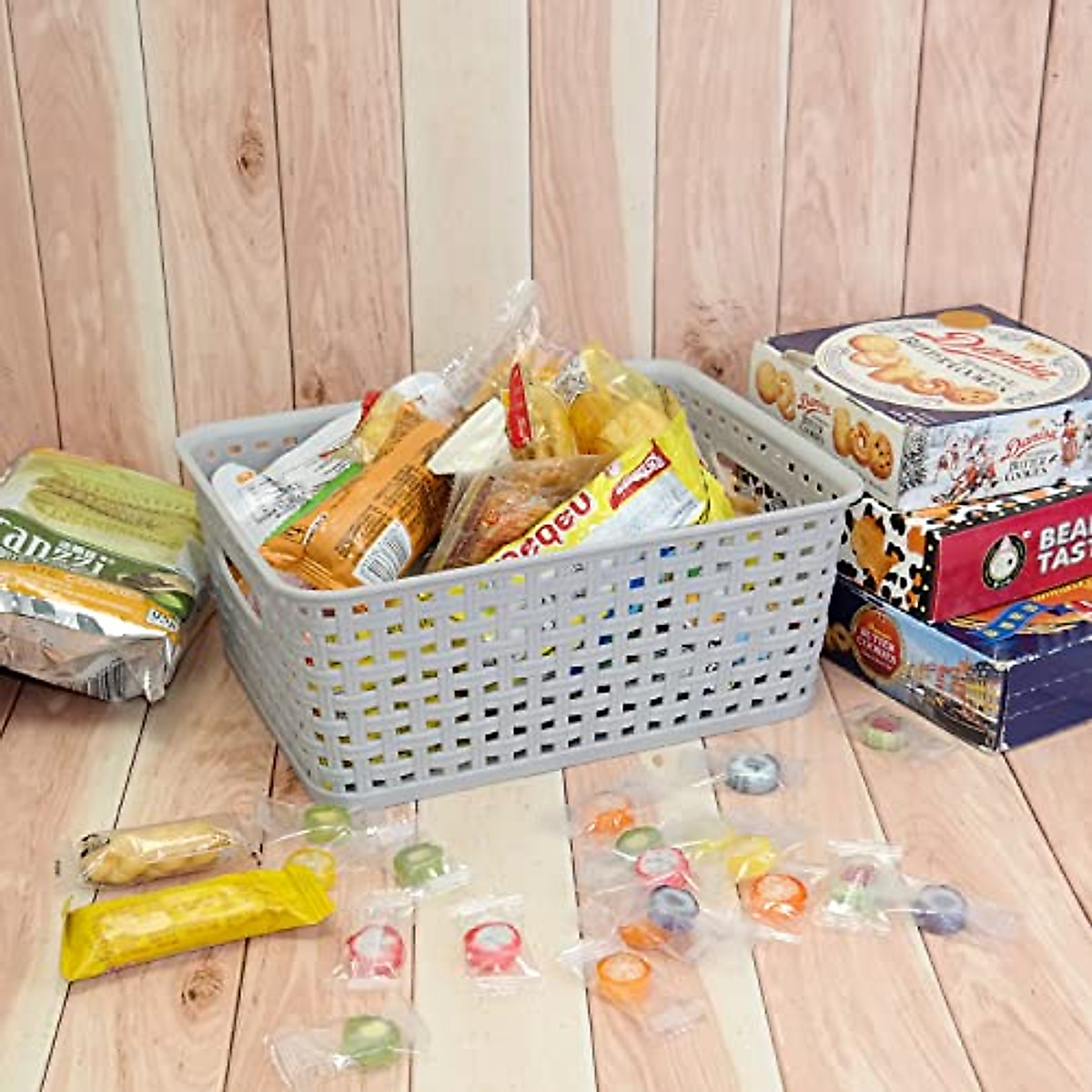 Obstnny 6-Pack Weave Storage Basket, Plastic Pantry Organizer Bins, Sliver Grey