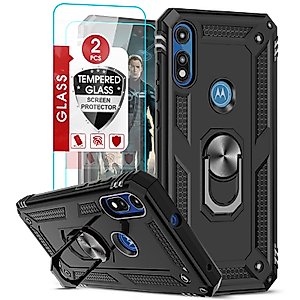 LeYi for Moto E Phone Case (2020) with [2 Pack] Tempered Glass Screen Protector, Military-Grade Protective Phone Case with Magnetic Ring Kickstand for Motorola Moto E 2020 Case, Black