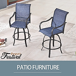 Festival Depot 2pcs Bar Bistro Patio Dining Chairs Textilene High Stools 360° Swivel Chairs with Curved Armrest and Metal Frame Outdoor Furniture for Garden Pool All-Weather (Blue)
