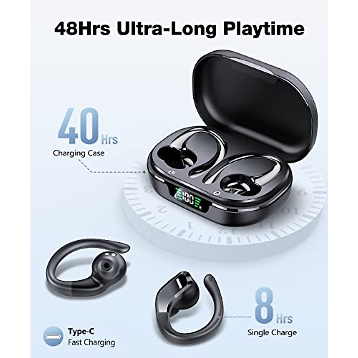 MPWHYL Wireless Earbuds, Bluetooth 5.3 Headphones with Built-in Mics, LED Display, 48H Playtime Hi-Fi Stereo Over-Ear Earphones with Earhooks, IPX7 Waterproof, Running Ear Buds for Sports