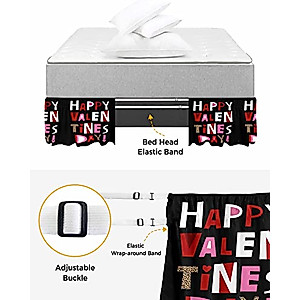 Valentine's Day Bed Skirt King Size 16 Inch Drop,Adjustable & Elastic Wrap Around Bed Skirts Pleated Luxury Dust Ruffles for Twin Full Queen Cal King Bed,Red Pink Black Saint Leopard English Print