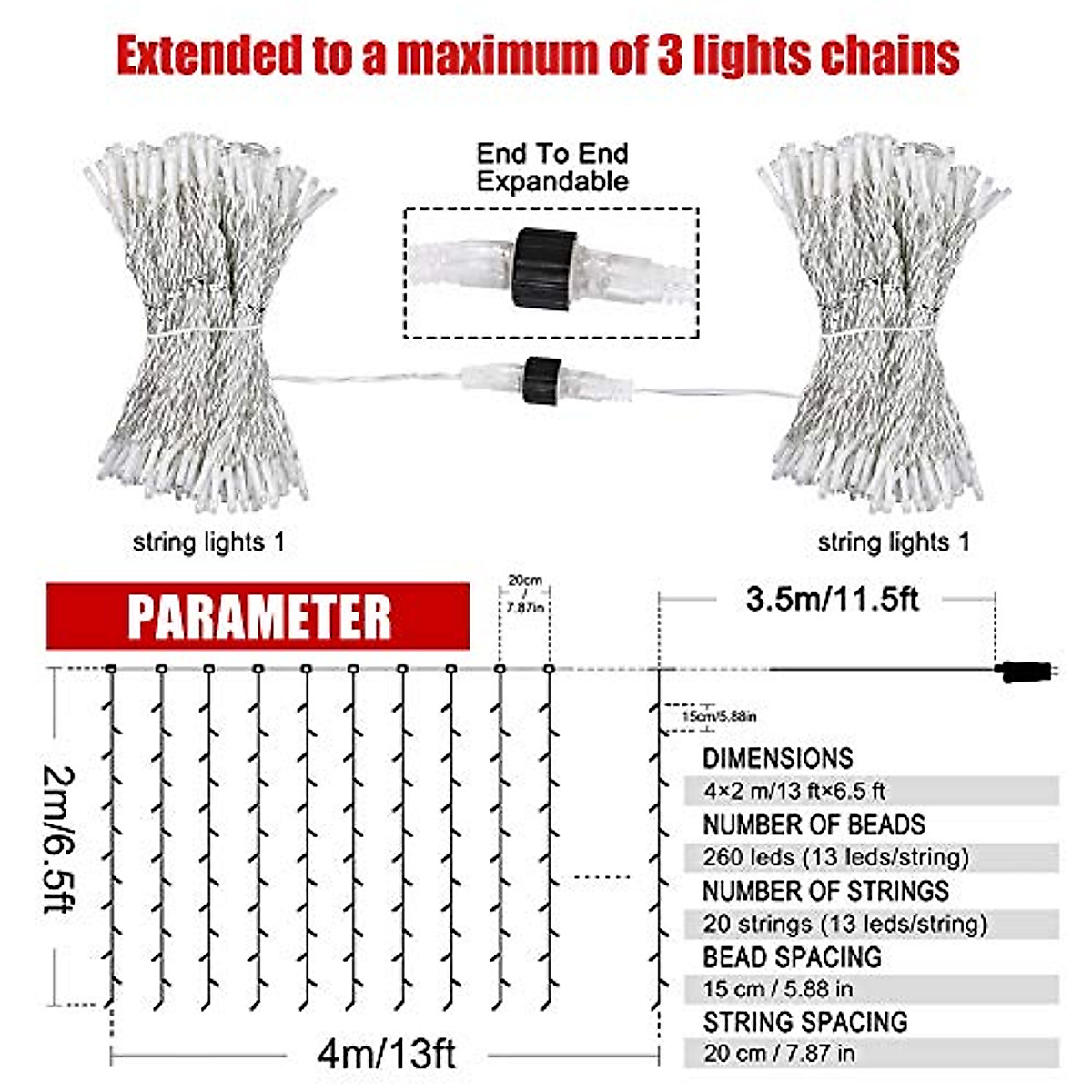 HEYFUNi Fiee Curtain Lights,13ftx6.5ft Safety Window Curtain Icicle String Lights 30V 8 Modes for Christmas Wedding Party Home Garden Bedroom Outdoor Indoor Wall Decorations,White