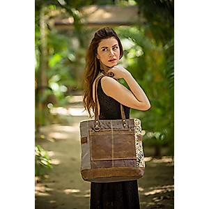 Myra Bags Side Floral Print Upcycled Canvas Tote Bag S-0915, Tan, Khaki, Brown, One_Size