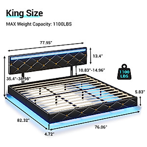 DICTAC Floating Bed Frame King Size with Led Lights and USB Ports,Faux Leather Platform King Bed Frame with Headboard, Low Profile King Led Bed Frame, No Box Spring Needed, Easy to Assemble, Black