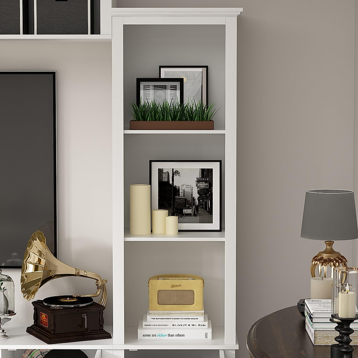 AIEGLE Entertainment Wall Unit Set with Bridge, Modern TV Stand with Glass Doors & Shelves, Large Console Table for TVs Up to 70", Living Room Storage Bookshelf Set, White (102" Wx14.6 Dx78.2 H)