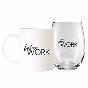 Canopy Street Before Work And After Work Mug And Stemless Wine Glass Set/Funny Clever Humor Drinkware/Coworker Coffee Mug Present/New Job Beverage Gift