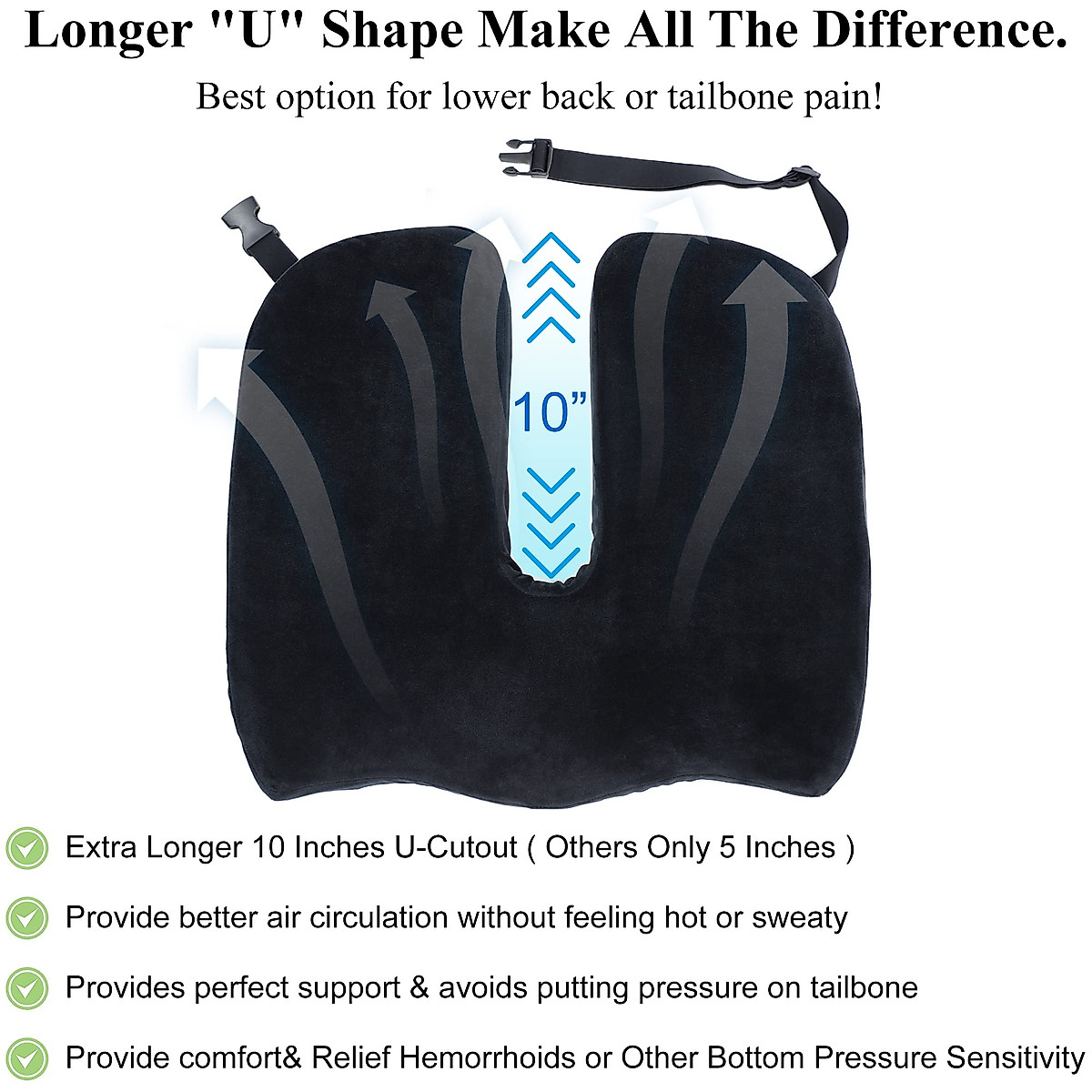 Upgraded Coccyx Cushion for Tailbone Pain-Longer 10 Inch U-Cutout,Memory Foam Seat Cushion for Tailbone Pain Relief,Suitable for Office Chair,Car Seat,Computer Desk Sciatica & Back Pain Relief Pad