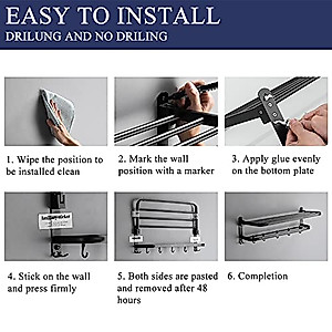 WKZZTCGD Black Bathroom Towel Rack,Stainless Steel Towel Holder with Hooks,Wall Mounted Foldable Double-Deck Shelf Bars