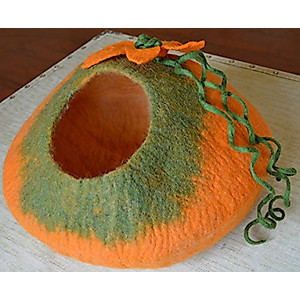 Cat Cave Bed, Orange Green Handmade Felted Merino Wool, Large Covered and Cozy, Also Perfect for Kittens, Includes Bonus Catnip, Original Cat Caves, (Radiant Realm)