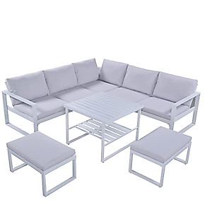 BIADNBZ 6-Pieces Patio Furniture Set for 7,Outdoor Conversation Sectional Sofa with with 1 Table and 2 Benches for Garden Deck Backyard, White