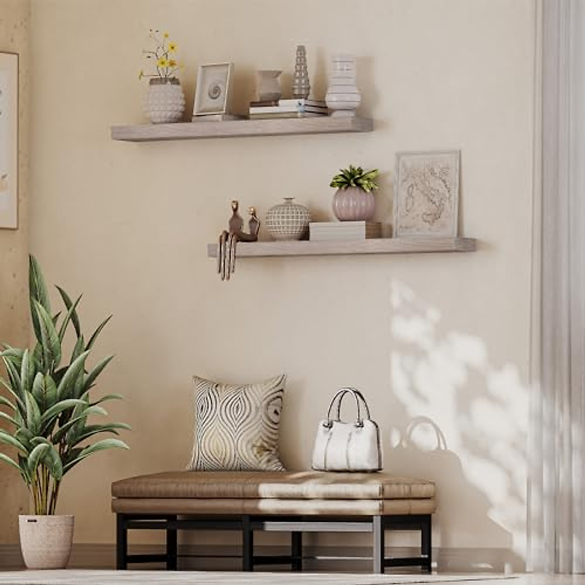 HOOBRO Floating Shelves, Wall Shelf Set of 2, 47.2 Inch Hanging Shelf with Invisible Brackets, for Wall Decor in Bathroom, Bedroom, Toilet, Kitchen, Living Room, Office, Greige BG120BJP201